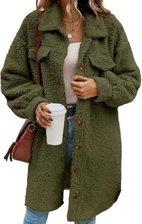 Onsoyours Veste en Peluche pour Femme Long Revers Manteau Polaire Trench Élégante Parka Outwear avec Poches B Armée Verte L