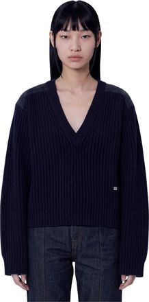Ganni Pull en Laine Chin&eacute;e &agrave; Rayures C&ocirc;te V - Femme - Pulls - Bleu - Taille: 38 FR