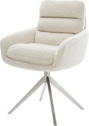 DELIFE Esszimmerstuhl Abelia-Flex mit Armlehnen Kreuzgestell breit Edelstahl Teddystoff Beige 360&deg; drehbar Wippfunktion