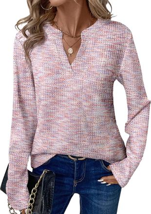 Dokotoo Damen Pullover Elegant V-Ausschnitt Langarmshirt Weich Waffelstrick Sweatshirt Herbst Winter Locker Oberteile Strickpullover Pulli, lila, S