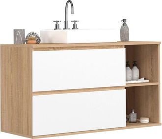 IDMarket Meuble sous vasque suspendu salle de bain TOMI 2 tiroirs et 2 niches façon hêtre et blanc