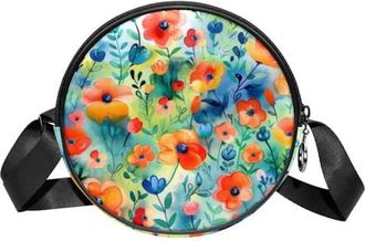 Generic Petit sac &agrave; bandouli&egrave;re circulaire pour femme, motif feuilles florales, sac &agrave; dos avec fermeture &eacute;clair, bretelles r&eacute;glables, sac &agrave; main rond d&eacute;contra