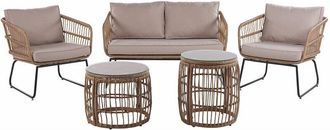 Beliani Garten Set Hellbraun Polyrattan Sofa 2 St&uuml;hle 2 Couchtische Auflagen in Beige Garten Terasse