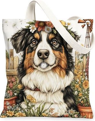 Generic Sac fourre-tout en toile motif chien berger australien printanier 33 x 38,1 cm, sac d&eacute;picerie r&eacute;utilisable pour femme, ferme, animal domestique, plage