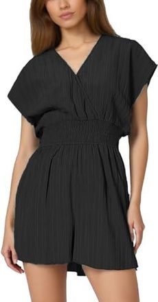 Generic Salopette d&eacute;t&eacute; tendance &eacute;l&eacute;gante col en V manches courtes barboteuses &eacute;lastiques taille haute jambes larges combinaisons courtes, Noir, XL
