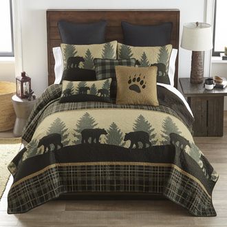 Donna Sharp Bear Walk Plaid Hütte Twin Set Beige, Black, Brown, Green, Ivory, White