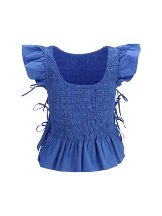Ganni Womens Ruched Cotton Top With Side Bows Marina Cotton; Elastane