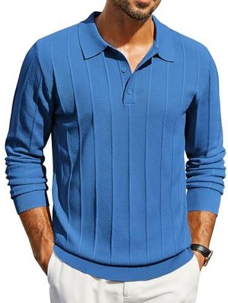 Coofandy Pull Col Polo Homme Tricoté Manche Longue Pull Hiver Coupe Ajustée Élégant Décontracté Bleu XXL