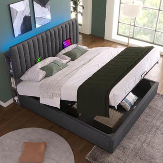 Latico Polsterbett Doppelbett 160x200 mit Stauraum Unterbett, LED-Kopfteil mit Regal und USB/TypC-Buchse, Bettgestell mit Lattenrost, R&uuml;ckenlehne Jugendbett 