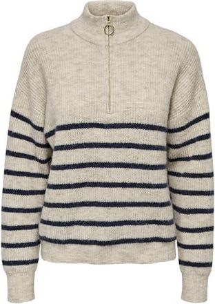 Only Onltokyo L/S Highneck Zip Pull KNT Sweater, Pumice Stone/Stripes : Rayures Bleues, S Femme