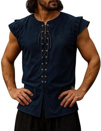Generic DENGJIAMY Chemises m&eacute;di&eacute;vales pour homme - D&eacute;bardeurs vintage unis - D&eacute;bardeurs d&eacute;t&eacute; d&eacute;contract&eacute;s - T-shirt &agrave; lacets - T-shirt classique basique sans 
