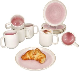 MamboCat Reactive Glaze Paris 12tlg Frühstücksset I Creme & Pink I 6 Personen I Steingut-Geschirr für Frühstücks- & Kaffeezeit I Je 6X Teller & Becher 350ml