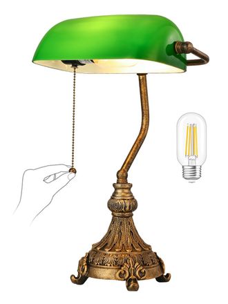 Newrays Vintage Green Glass Banker Schreibtischlampe f&uuml;r Home Office, Bibliothek mit Pull -Kettenschalter -Plug -in -Einrichtung, LED -Gl&uuml;hbirne enthalten