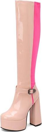 Generic Bottes d&eacute;quitation montantes &agrave; fermeture &eacute;clair pour femme avec ceinture et bout rond et talons &eacute;pais, rose, 37.5 EU