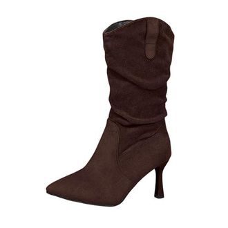 Generic Bottes mi-mollet pour femme - Style d&eacute;contract&eacute; - Bout pointu - Talon chaton pliss&eacute; - &Eacute;l&eacute;gantes et confortables - Pour lautomne et lhiver, caf&eacute;, 37.5 