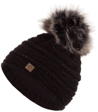 Faera Winterm&uuml;tze M&uuml;tze Damen warm gef&uuml;ttert mit Pailletten Kunstfell Bommel-M&uuml;tze Fleecefutter Winter Herbst Strickm&uuml;tze Beanie M&auml;dchen 62, Farbe:Schwarz