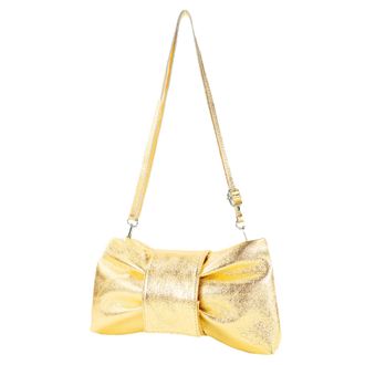 modamoda.de T214 Damen Leder Umh&auml;ngetasche Clutch Schultertasche Schleife handmade in Italy, Farbe:Gold-Metallic