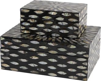 Deco 79 Dekorative Aufbewahrungsboxen mit Perlmutt-Muscheln, geometrisches Blumenmuster, mit beigefarbenen Akzenten, 2 Aufbewahrungsboxen, 30,5 cm, 20,3 cm br