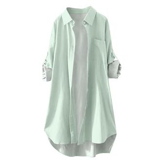 Generic Hauts en coton et lin pour femme, coupe ample, boutons tendance, enroulables &agrave; manches longues, col en V, chemisiers pour femme, pour le bureau, le tr