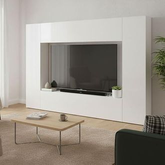 Dmora Ausgestattete Wand Luigi, 4-t&uuml;riges TV-St&auml;nder-Wohnzimmerset, Mehrzweck-Wohnzimmerm&ouml;bel, 100 % Made in Italy, 260 x 30 x 180 cm, gl&auml;nzendes Wei&szlig;