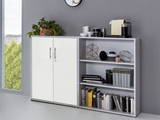 BMG M&ouml;bel Schrankwand Office Edition abschliessbarer Aktenschrank B&uuml;roschrank B&uuml;rom&ouml;bel Regal in Grau/Wei&szlig; Matt (Set 1 niedrig)