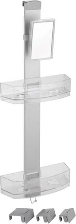 WENKO Duschcaddy Premium, Duschregal mit Antibeschlagspiegel, 2 Ablagen & Edelstahlhaken, einfaches Aufh&auml;ngen an der Duschwand, Befestigung ohne bohren, aus