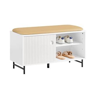 SoBuy Banc &agrave; Chaussures, Banc de Rangement, Meuble Bas Entr&eacute;e sur Pieds avec Assise Coussin Rembourr&eacute;, Meuble &agrave; Chaussures avec 2 Portes Coulissantes et 4 &Eacute;