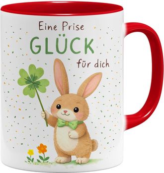 OM3 Eine Prise Gl&uuml;ck Kaffee-Tasse mit Spruch - Liebevolle Spruchtasse mit Hase H&auml;schen - Keramik Becher - 325ml - Beidseitig Bedruckt - Rot