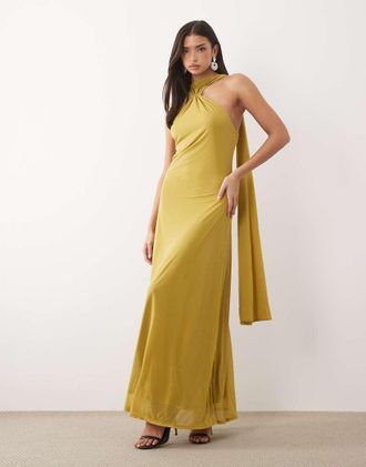 Asos Robe longue en mousseline stretch avec encolure am&eacute;ricaine et d&eacute;tail m&eacute;tallique dor&eacute; - Chartreuse-Vert