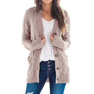 Generic Cardigan dautomne d&eacute;contract&eacute; &agrave; manches longues boutonn&eacute; sur le devant pour femme, cardigan ample &agrave; boutons avec poches, rose, 5XL