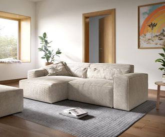 DELIFE Ecksofa Sirpio XL 270x170 cm Cord Beige Recamiere variabel mit Hocker, Ecksofas
