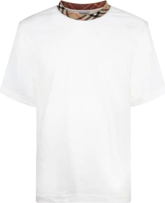 Burberry Homme, Tops, Blanc, Taille: S Check Trim Cotton T-shirt