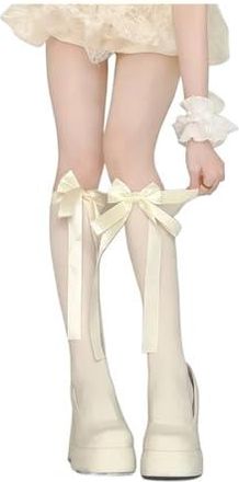 Generico Chaussettes au genou Bowknot Harajuku pour femme, noir et blanc (2 paires), Milky White, Taille Unique