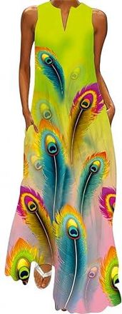 Ocean Plus Femmes Jupe Longue sans Manches Col V Robe Florale Imprim&eacute;e Maxi Robe sans Manches avec Col en V (XL, Gelbgr&uuml;ne Paonenfeder)