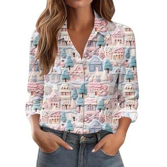 Generic Pull de Noël à manches longues pour femme Motif Père Noël Arbre de Noël Flocon de neige Chemises UK Boutons fantaisie Graphique 2026 Chemisiers de Noë