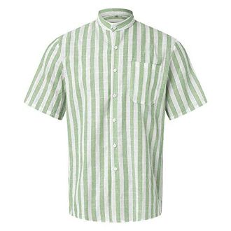 Generic Chemise en lin blanc pour homme - Chemise fine en coton bleu &agrave; rayures fines - Chemises en lin &agrave; manches courtes - Haut blanc pour homme - Polo court 