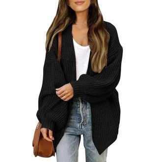 Generic Cardigan dhiver en tricot &agrave; manches lanternes pour femme - Couleur unie - Avec poche, noir, Taille XS