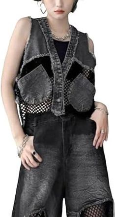 Generic Gilet en jean &agrave; col en V pour femme - Coutures en maille - Coupe ample - Style urbain d&eacute;contract&eacute; - Sans manches, Noir, L