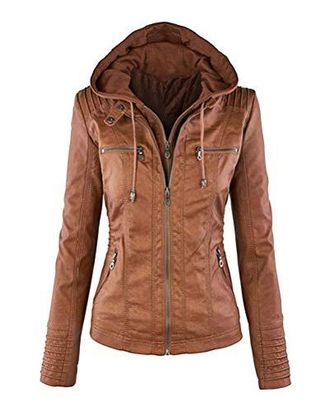 Onsoyours Veste Cuir Femme Fermeture Éclair Manteau à Capuche Court Veste Bomber Blousons en Simili Cuir Court Moto Jacket Hooded Tops Version Améliorée sans Od