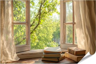 Islandburner Prime Bild Poster B&uuml;cher und Vorh&auml;nge am sonnigen Fensterblick f&uuml;r Wohnzimmer B&uuml;cherliebhaber Buchhandlung Premium Bilder Fotodruck