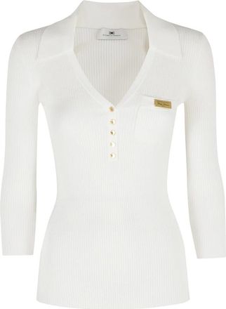Elisabetta Franchi Femme, Pulls, Blanc, Taille: 36 FR Polo en maille micro-tress&eacute;e