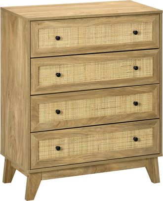 HOMCOM Kommode mit 4 Schubladen Holzkommode Nachttischkommode mit Rattan-T&uuml;ren und erh&ouml;hten Beinen f&uuml;r Wohnzimmer Schlafzimmer B&uuml;ro 80x35x95 cm Natur