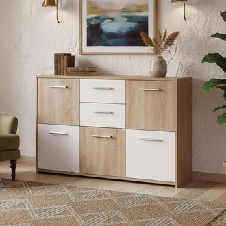 Dmora Kommode Lubeck, Wohnzimmerbuffet, Wohnzimmer-Sideboard, Moderne K&uuml;chen-Speisekammer, 115x30 h77 cm, Wei&szlig; und Eiche