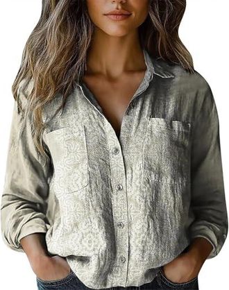 Generic HUIFUAO Chemise Femme Lin Coton Manche Longue Shirt Grande Taille Chemise et Blouses Chic et &eacute;l&eacute;gant Haut Basique Imprim&eacute; Tunique Tops avec Poche (A02