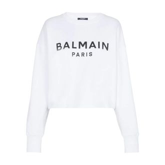 Balmain Femme, Sweatshirts et sweats &agrave; capuche, Blanc, Taille: 40 FR Pull Blanc &agrave; Col Rond avec Logo