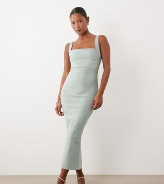 Vesper Petite - Robe longueur mollet en bengaline avec dos &eacute;chancr&eacute; et encolure carr&eacute;e - Sauge-Vert