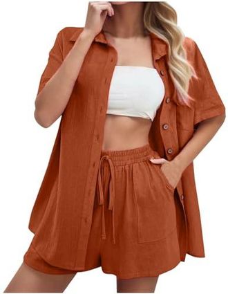 Generic Ensemble 2 pi&egrave;ces pour femme, v&ecirc;tements de d&eacute;tente, chemises surdimensionn&eacute;es et shorts assorties, tenue d&eacute;t&eacute; 2026, marron, XL