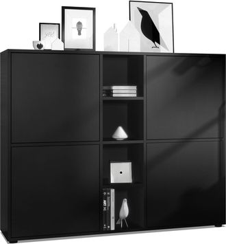 Vladon Highboard Cuba V3, Made in Germany, Schwarz matt/Schwarz matt - Moderne Anrichte mit 12 Fächern (130,5 x 105,5 x 35,5 cm)