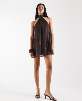 Reclaimed Vintage Limited Edition - Neckholder-Minikleid in Schokobraun mit Perlenstickerei