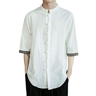 Generic Chemises &agrave; manches longues pour homme - Coupe r&eacute;guli&egrave;re - Coton l&eacute;ger - Chemise en lin blanc - Chemise pour gar&ccedil;ons - Chemise de plage en coton blanc 